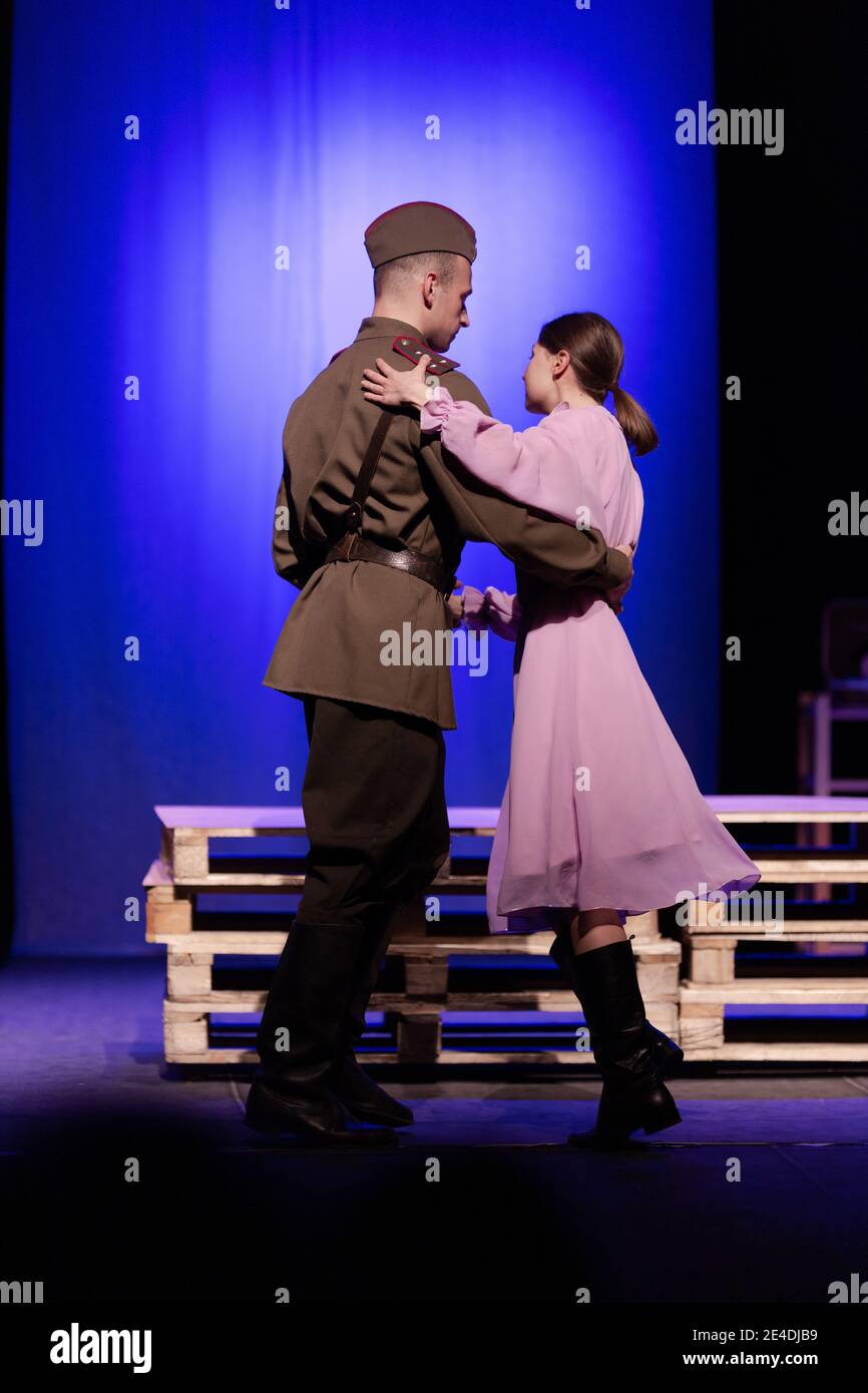 Actors in military uniforms of the Soviet army of World War II play a ...