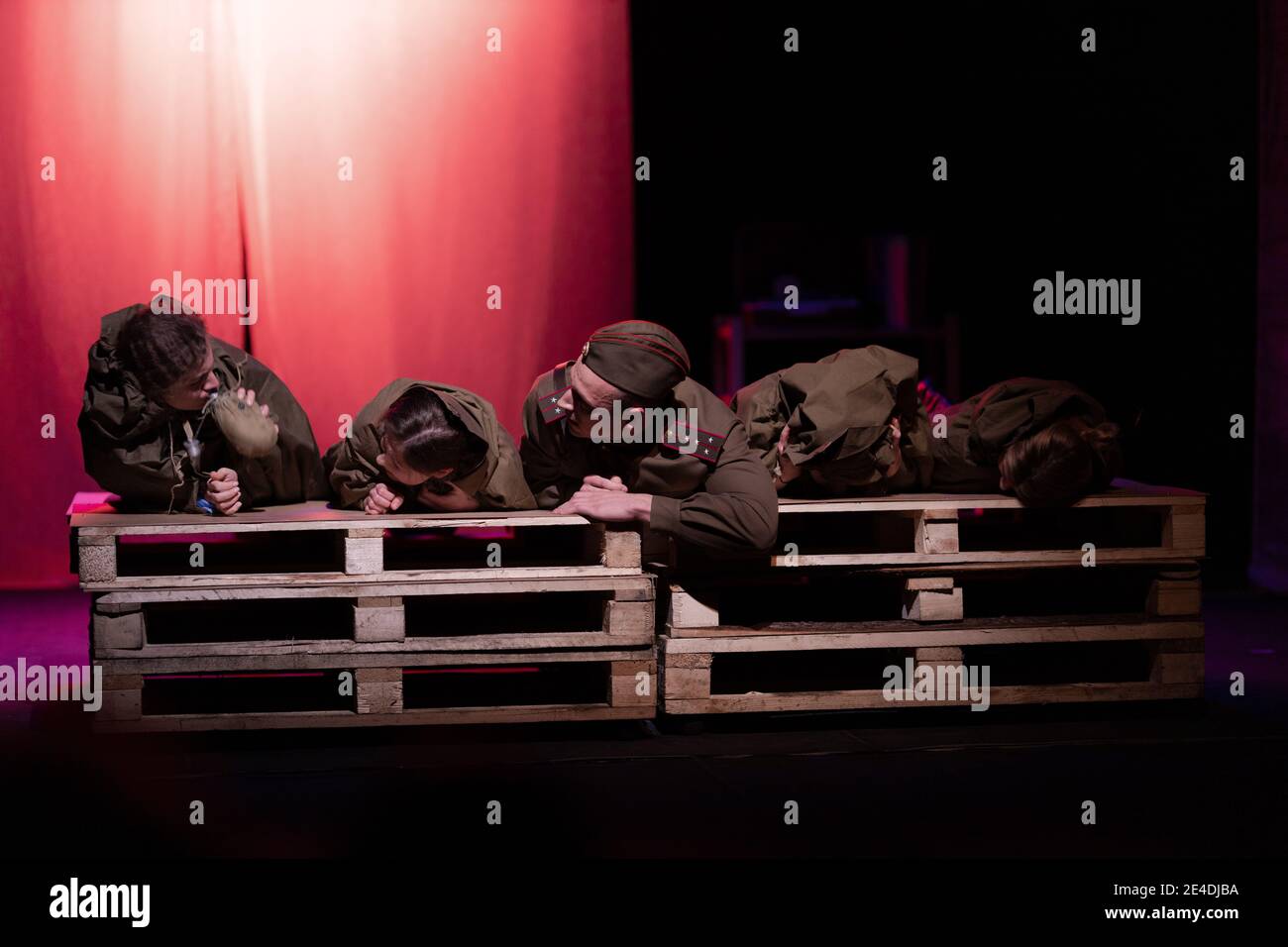 Actors in military uniforms of the Soviet army of World War II play a ...