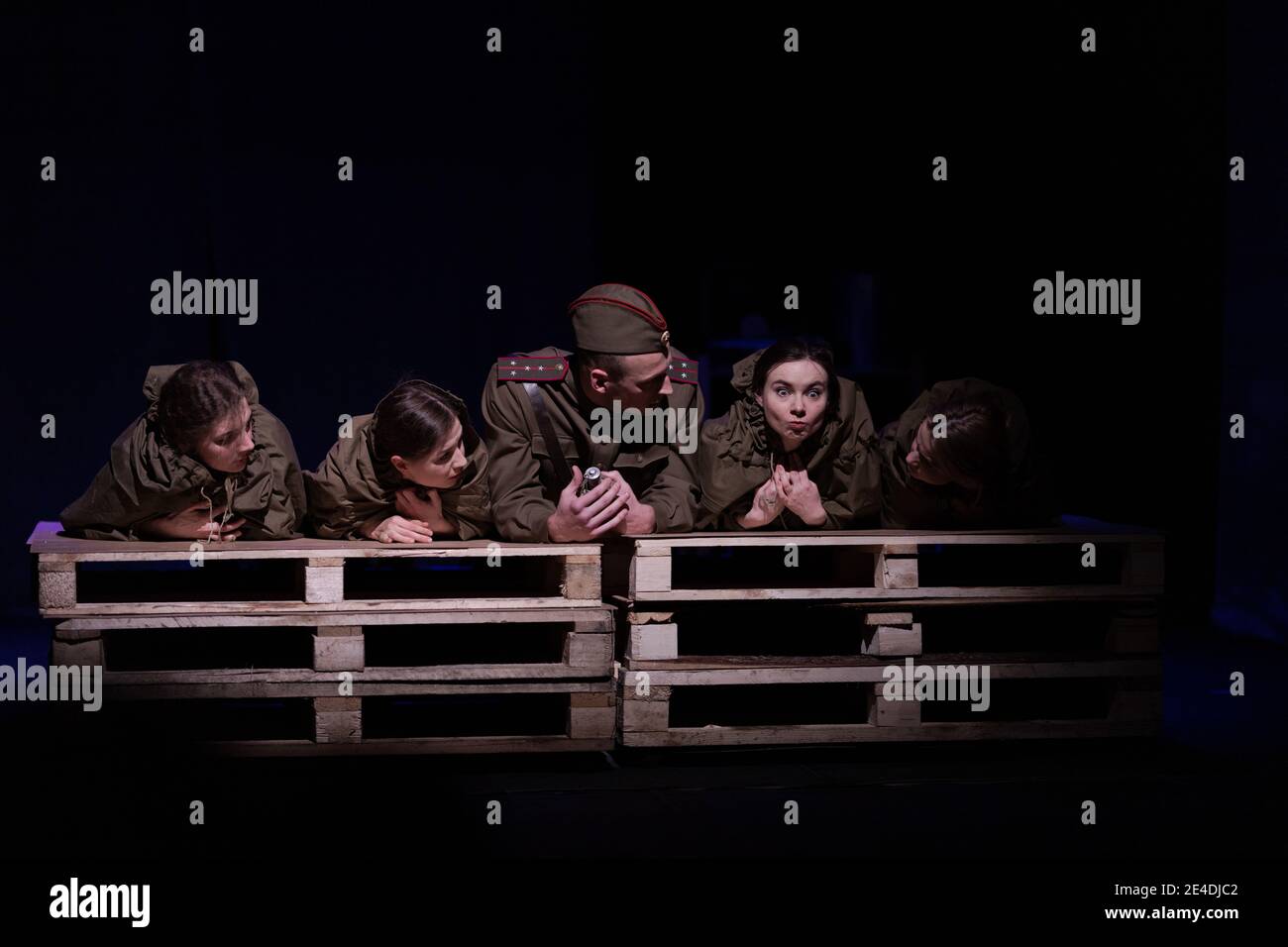Actors in military uniforms of the Soviet army of World War II play a ...