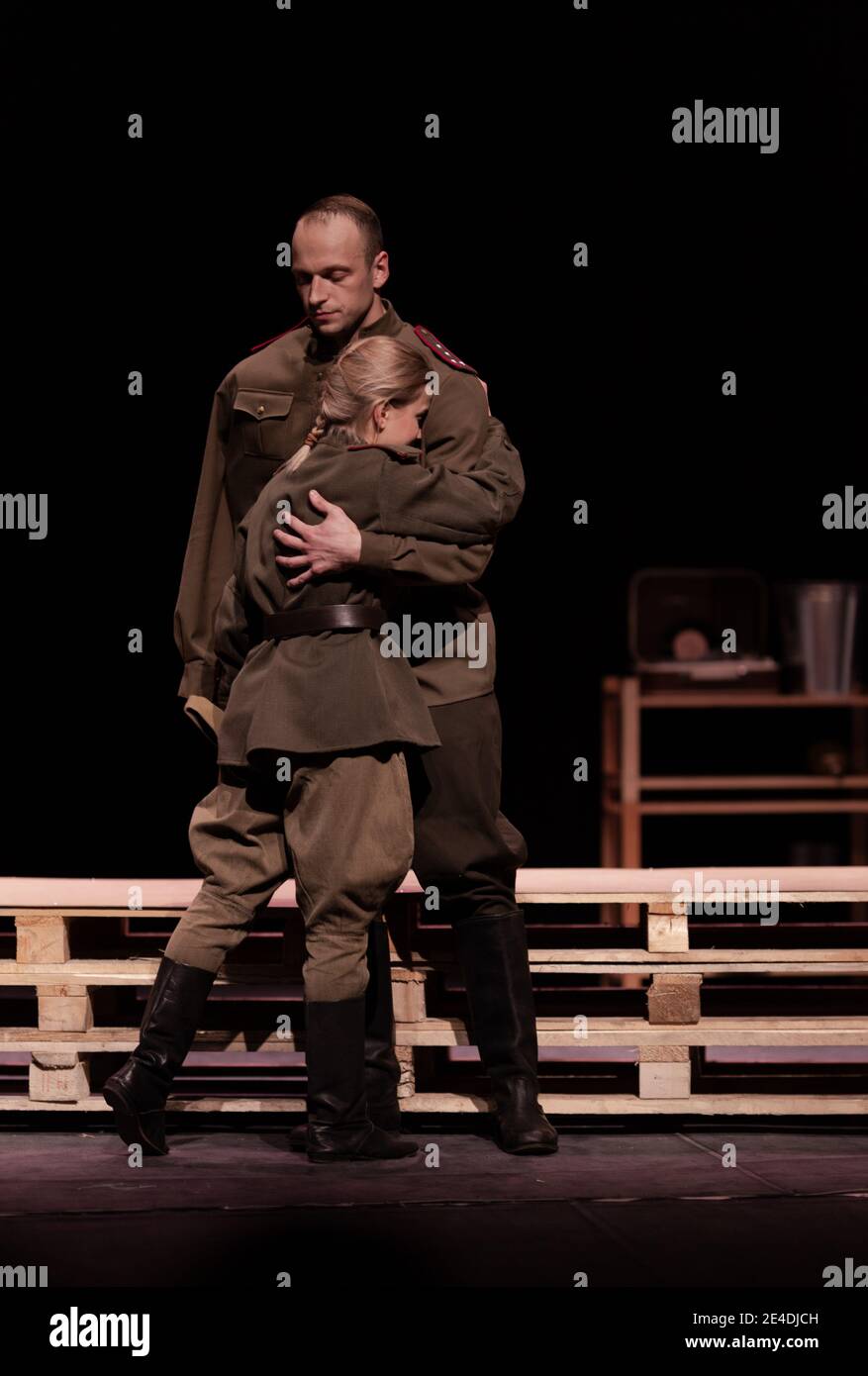 Actors in military uniforms of the Soviet army of World War II play a ...