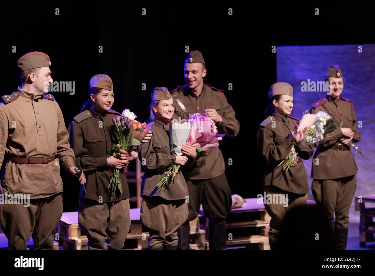 Actors in military uniforms of the Soviet army of World War II play a ...