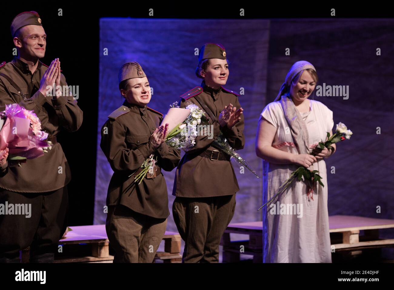 Actors in military uniforms of the Soviet army of World War II play a ...