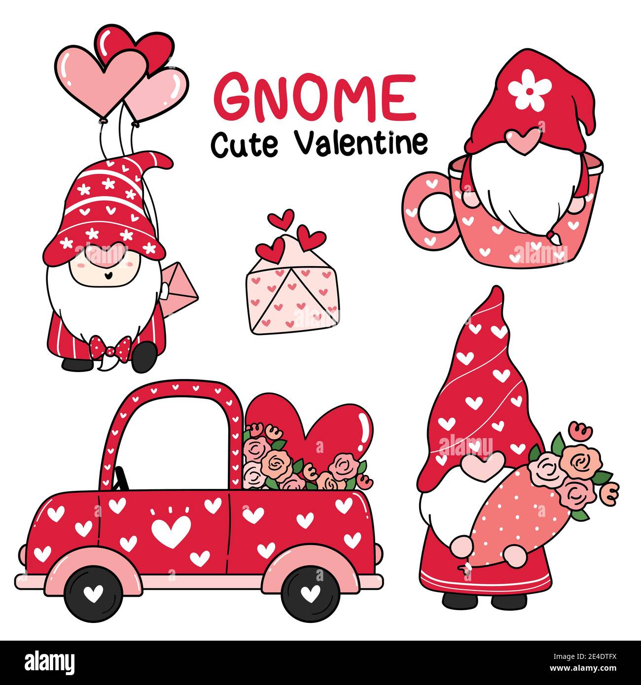 Cute Valentine love gnome in red hat collection, cartoon doodle flat ...