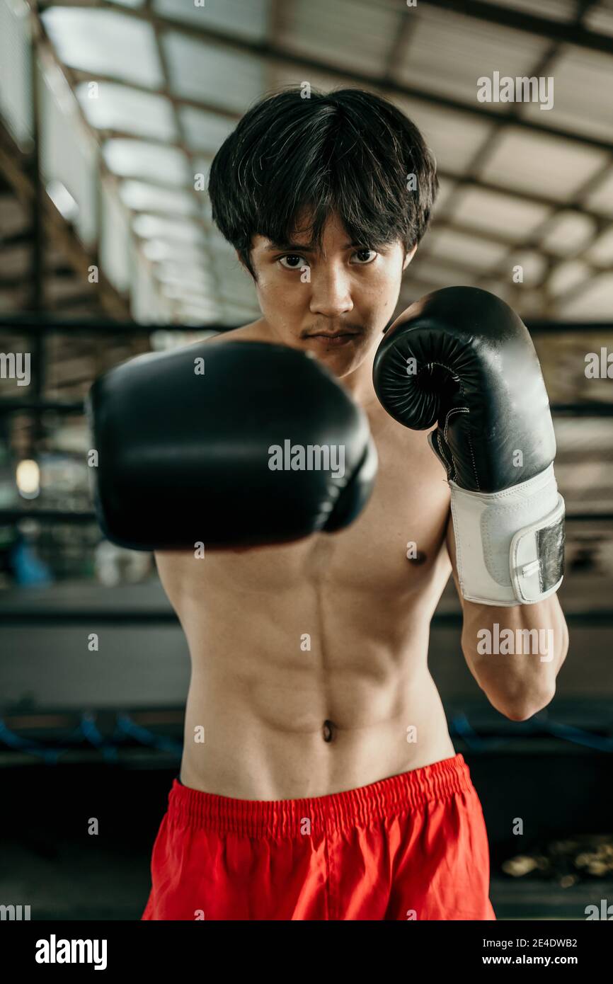 Portrait of professional male boxer make a hitting motion against ...