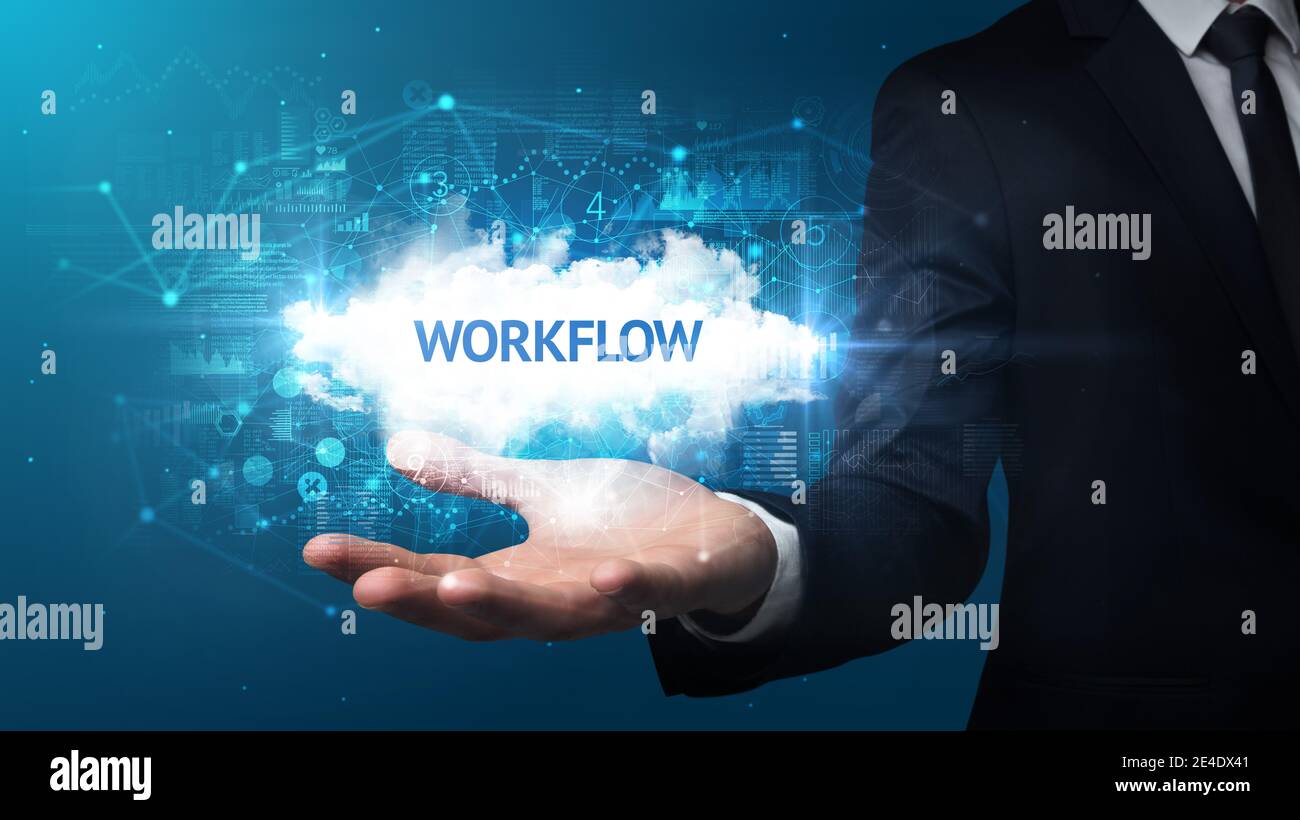 Hand of Businessman holding WORKFLOW inscription, successful business ...