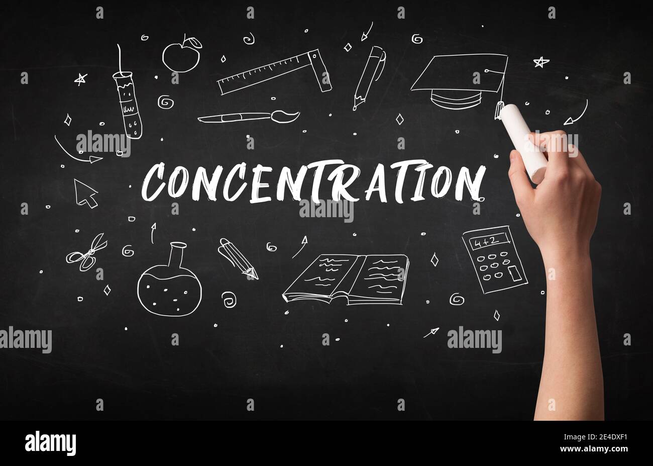 Hand drawing CONCENTRATION inscription with white chalk on blackboard ...