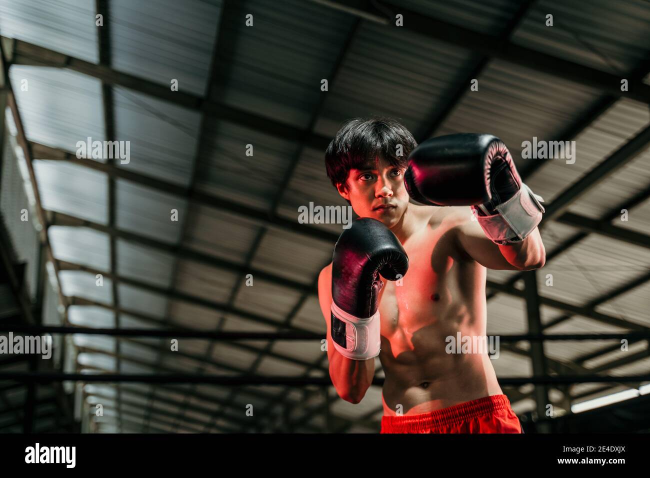 young age handsome man over boxing ring background make a punch motion ...