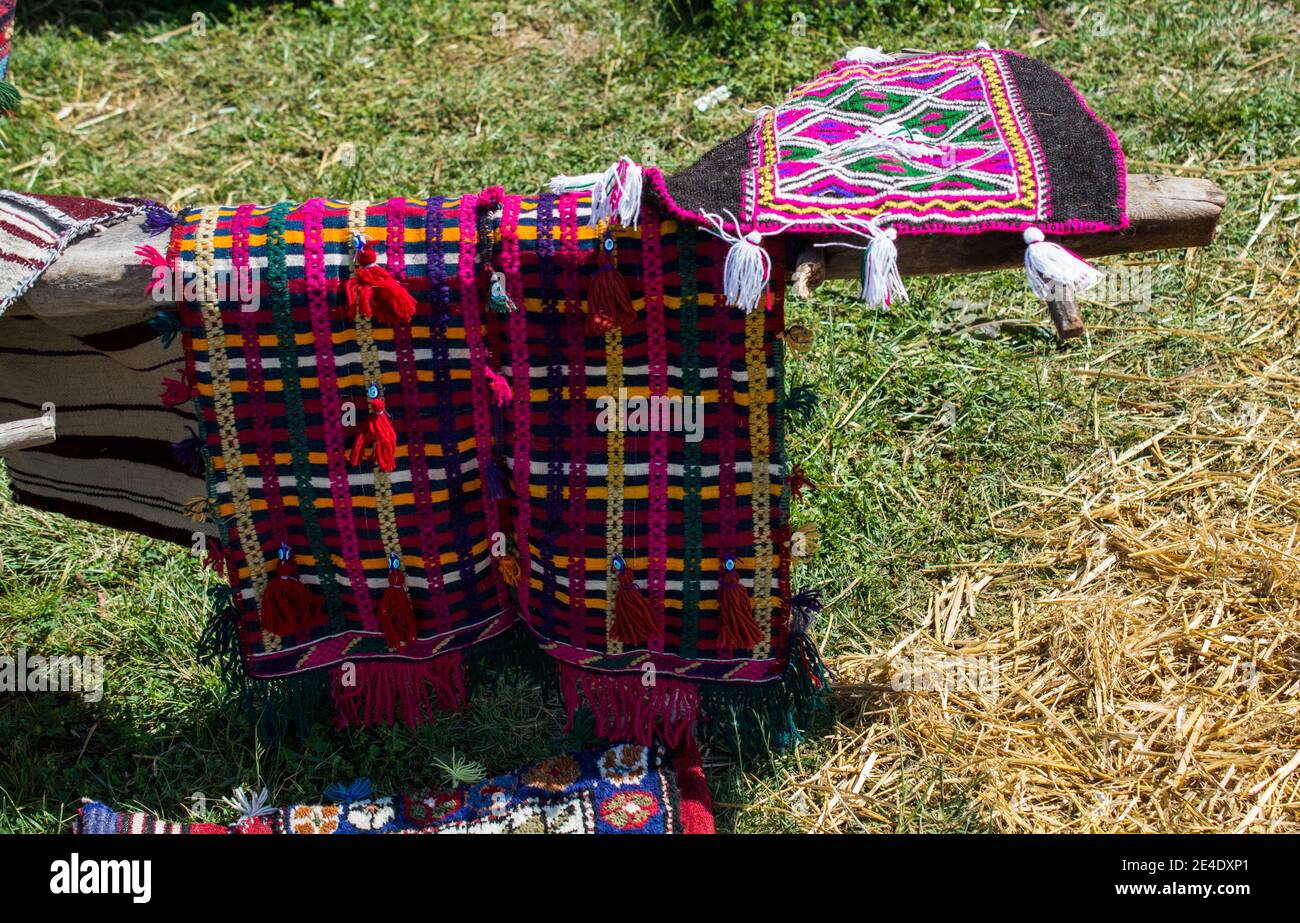 High angle shot of handmade vintage and traditional carpets with ...