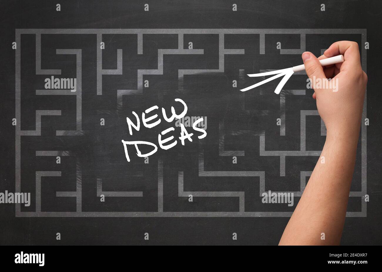 Hand drawing NEW IDEAS inscription with white chalk on blackboard, new ...