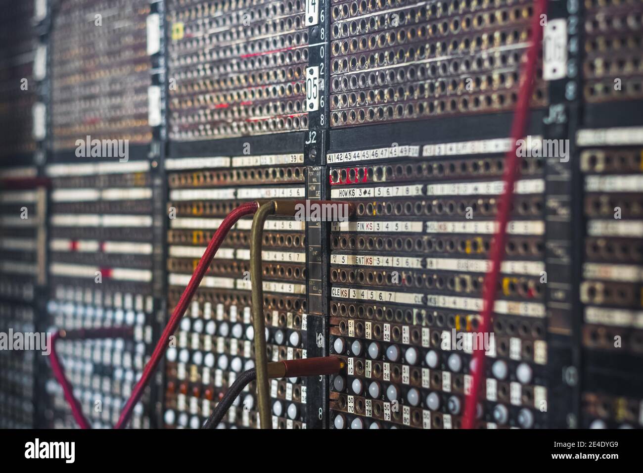 Old fashioned manual telephone exchange switchboard on display at ...
