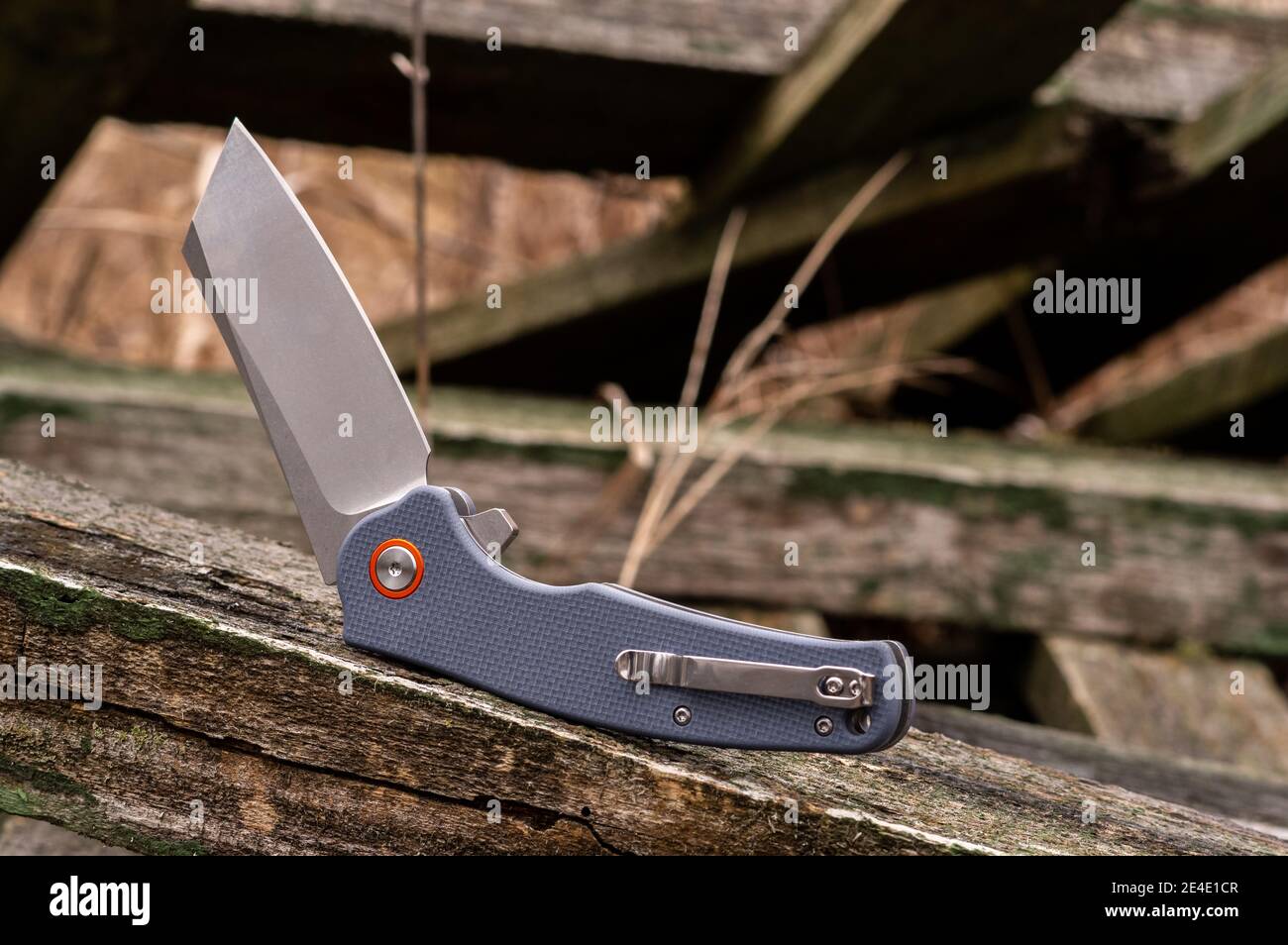 Knife on a tree in nature. Knife with a clip for carrying Stock Photo ...
