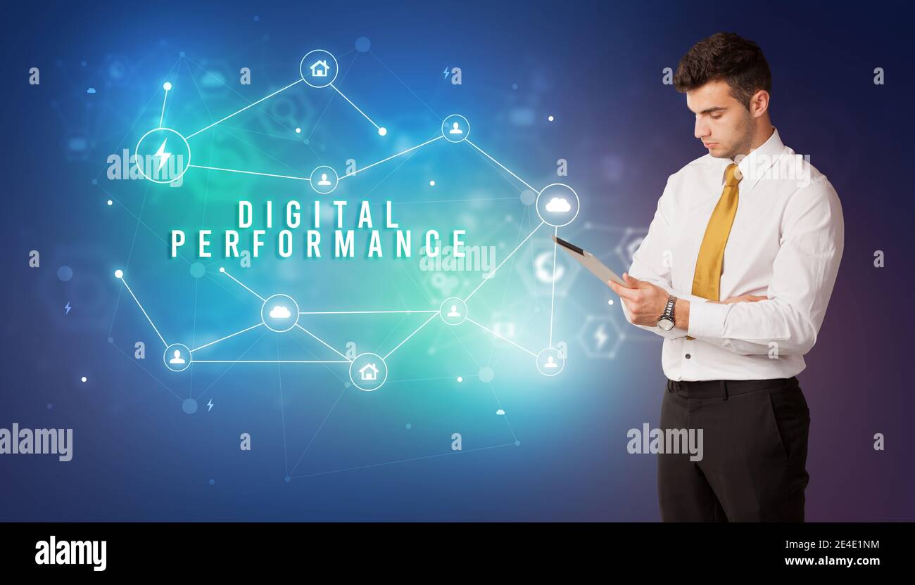 Businessman in front of cloud service icons with DIGITAL PERFORMANCE ...