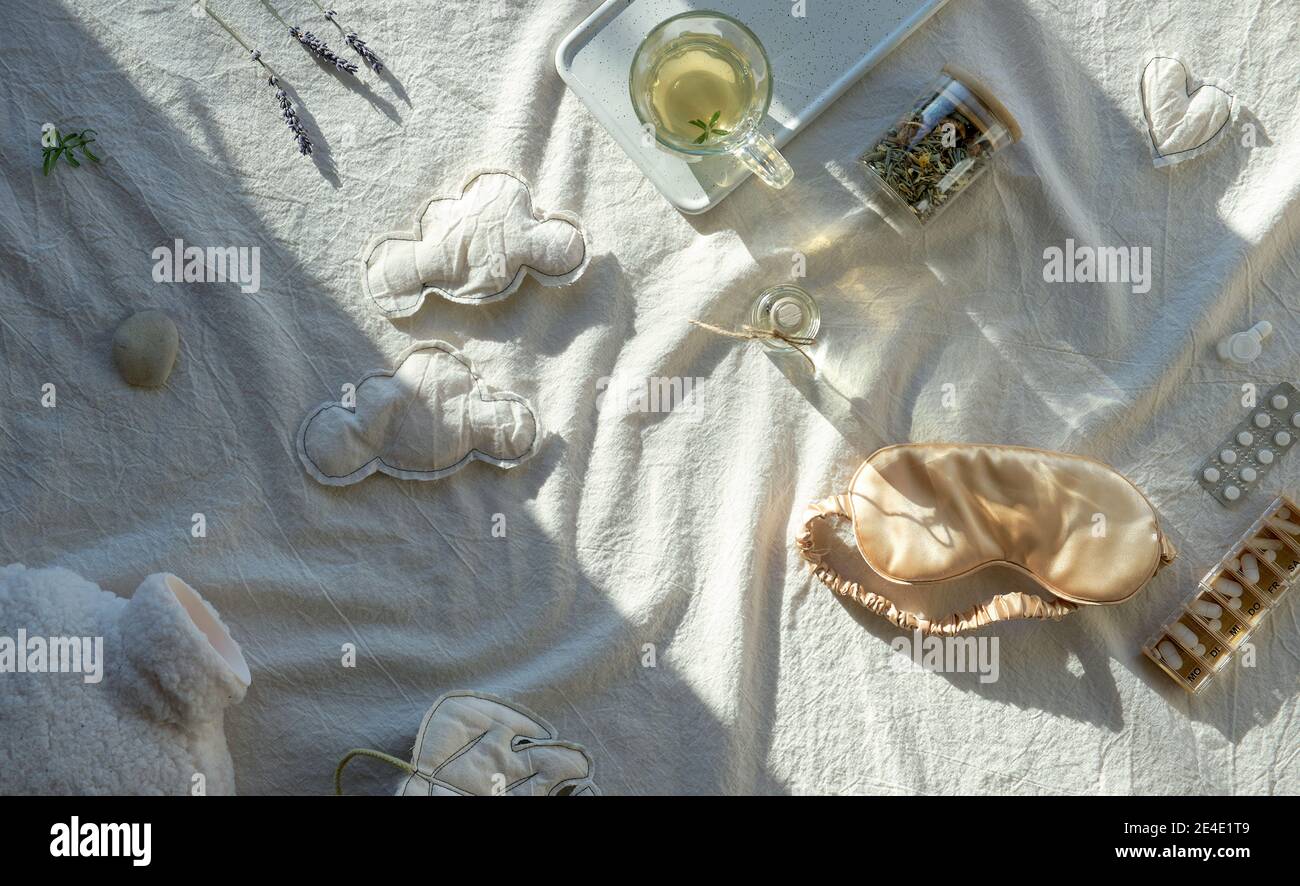 Healthy night sleep creative concept with golden accents. Off white ...