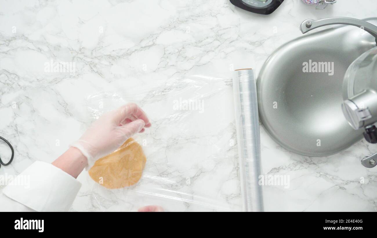 Step by step. Flat lay. Mixing ingredients in standing kitchen mixer to ...