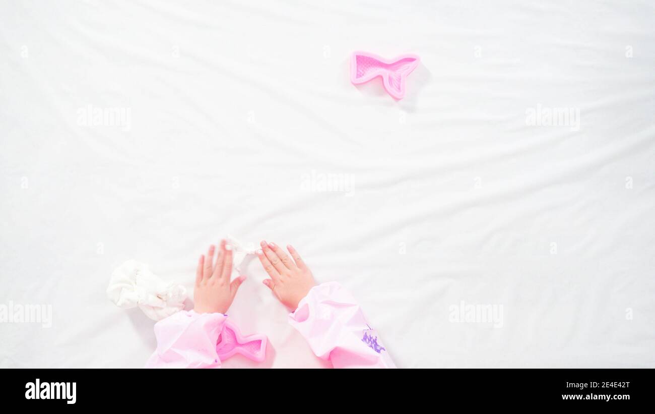Flat lay. Step by step. Making mermaid tail from modeling clay in ...