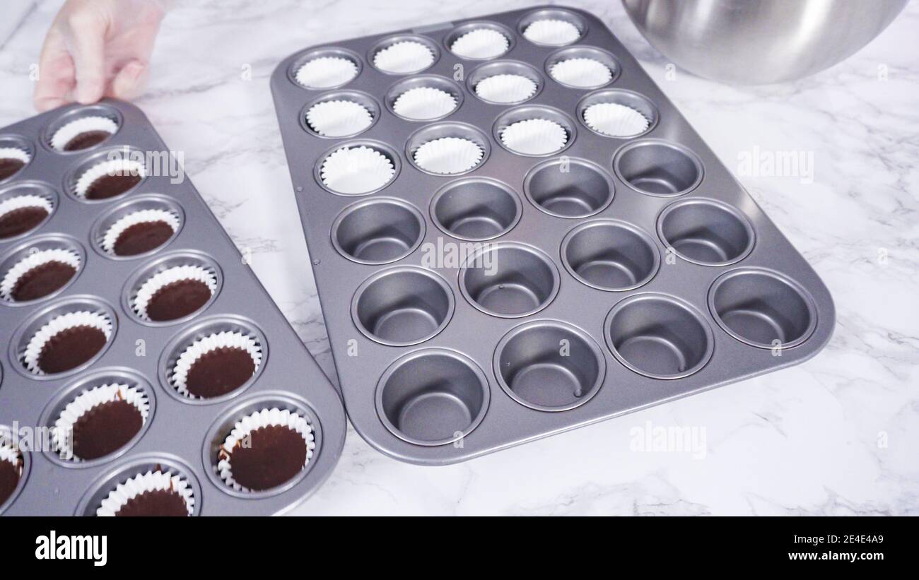 Step by step. Scooping cupcake batter into mini cupcake lines to bake ...