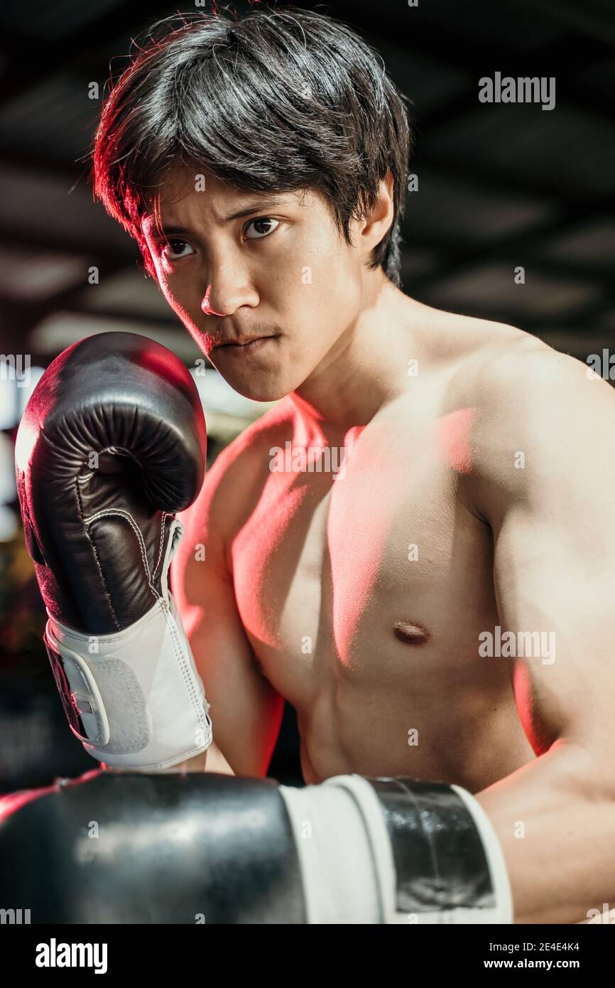 close up of boxer fighter in boxing gloves ready to fight against the ...