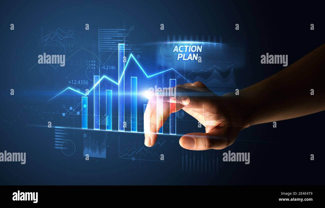 Hand touching ACTION PLAN button, business concept Stock Photo - Alamy