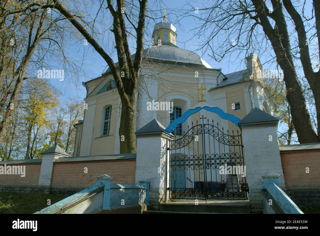 Candlemas (Candlemass) church in Olyka. Blue sky in background. Bottom ...