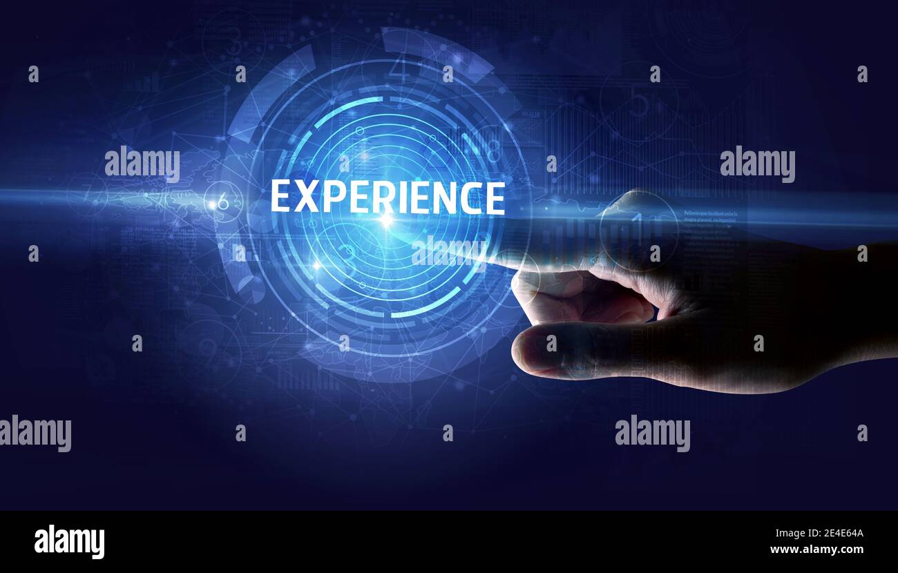 Hand touching EXPERIENCE button, modern business technology concept ...