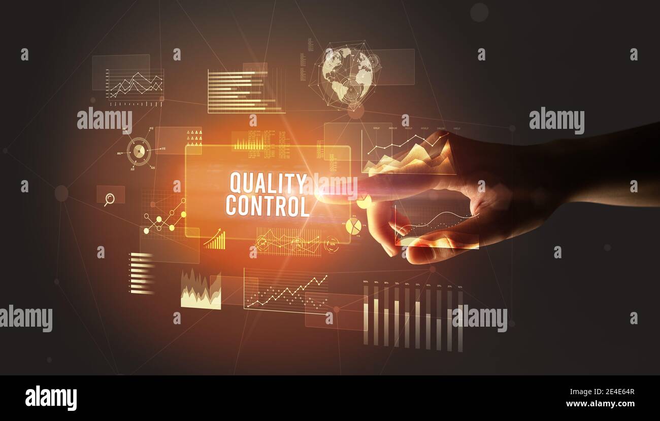 Hand touching QUALITY CONTROL inscription, new business technology ...