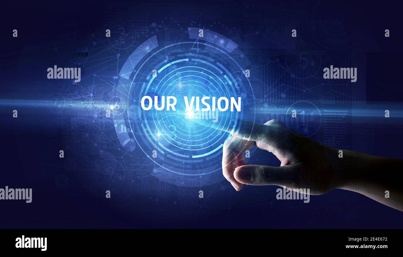 Hand touching OUR VISION button, modern business technology concept ...