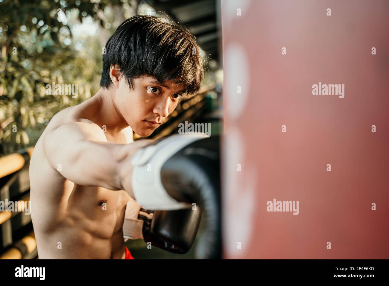 young man boxer doing exercise hitting punching bag at boxing camp ...