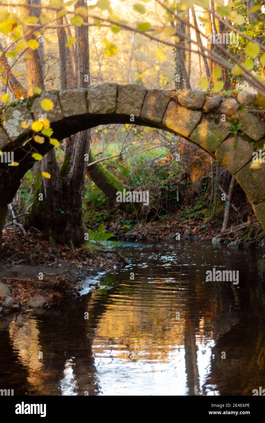 Old stone block bridge over the Balozano river in autumn Stock Photo ...