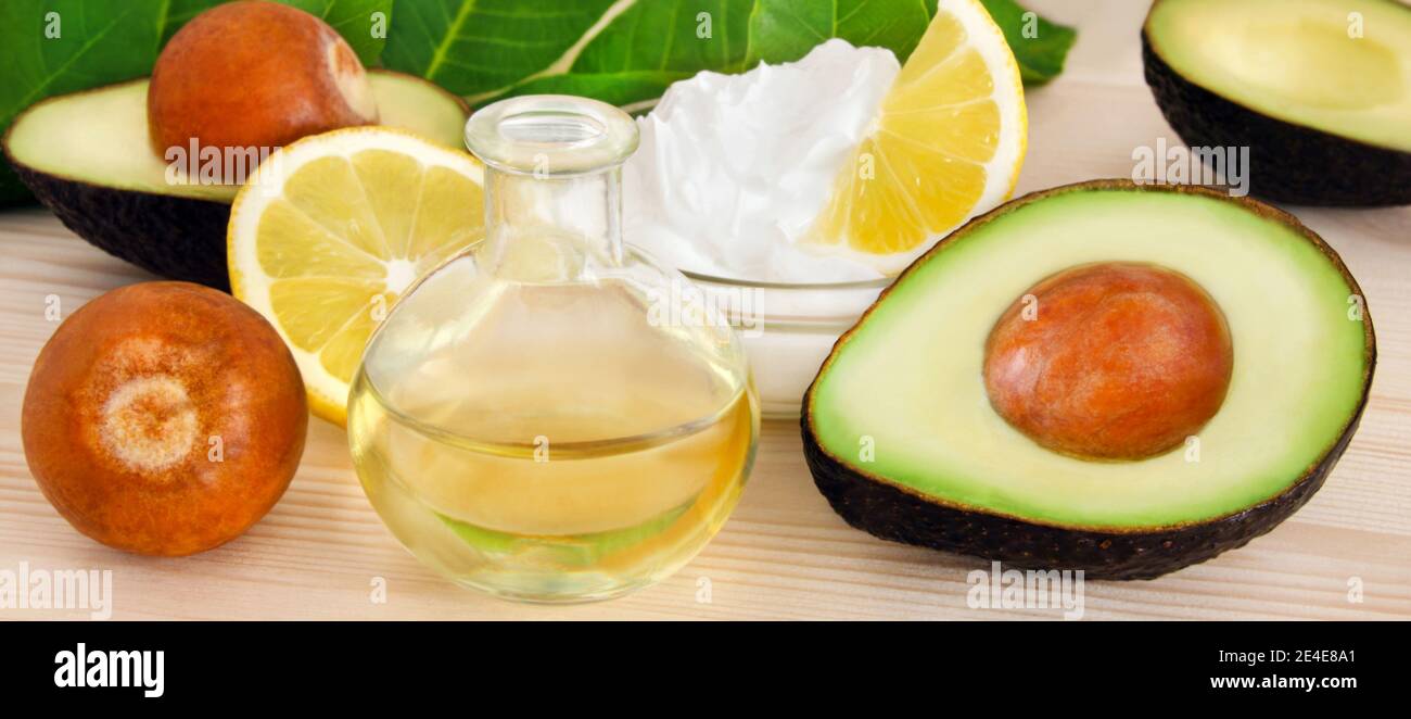 Natural avocado cosmetics and oil Stock Photo - Alamy