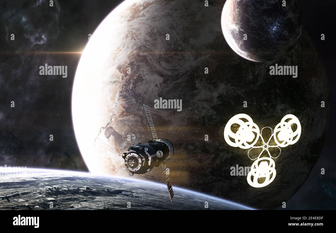 Planets in deep space. Glowing structures on surface of planet ...