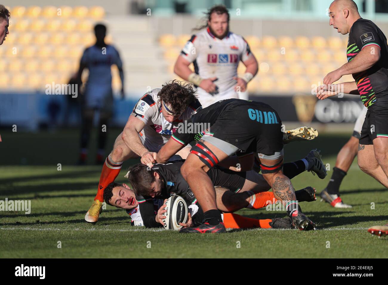 Parma, Italy. 23rd Jan, 2021. Antonio Rizzi (Zebre Rugby) tries to ...