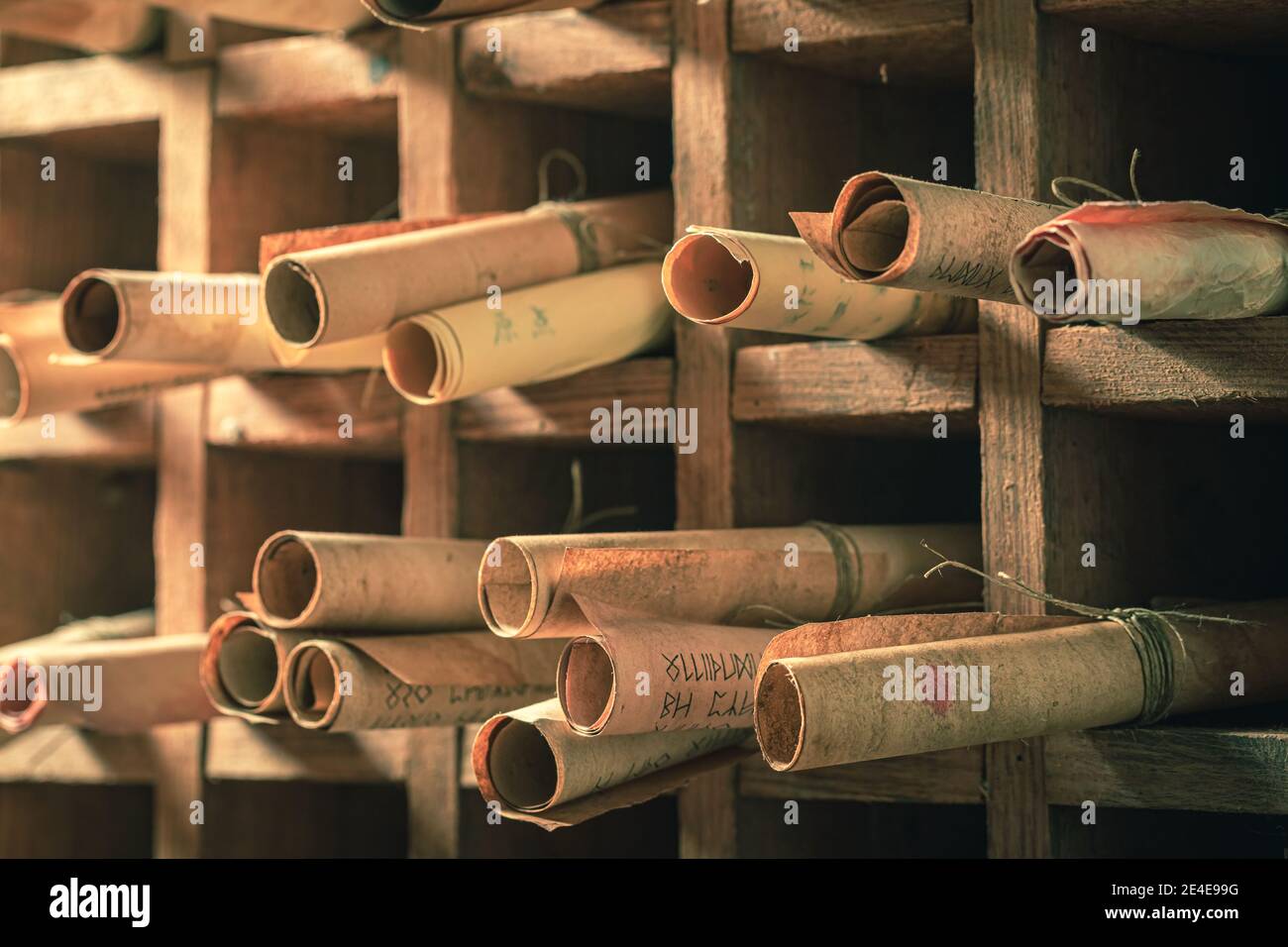 Ancient library full of valuable and old manuscripts in wooden box ...