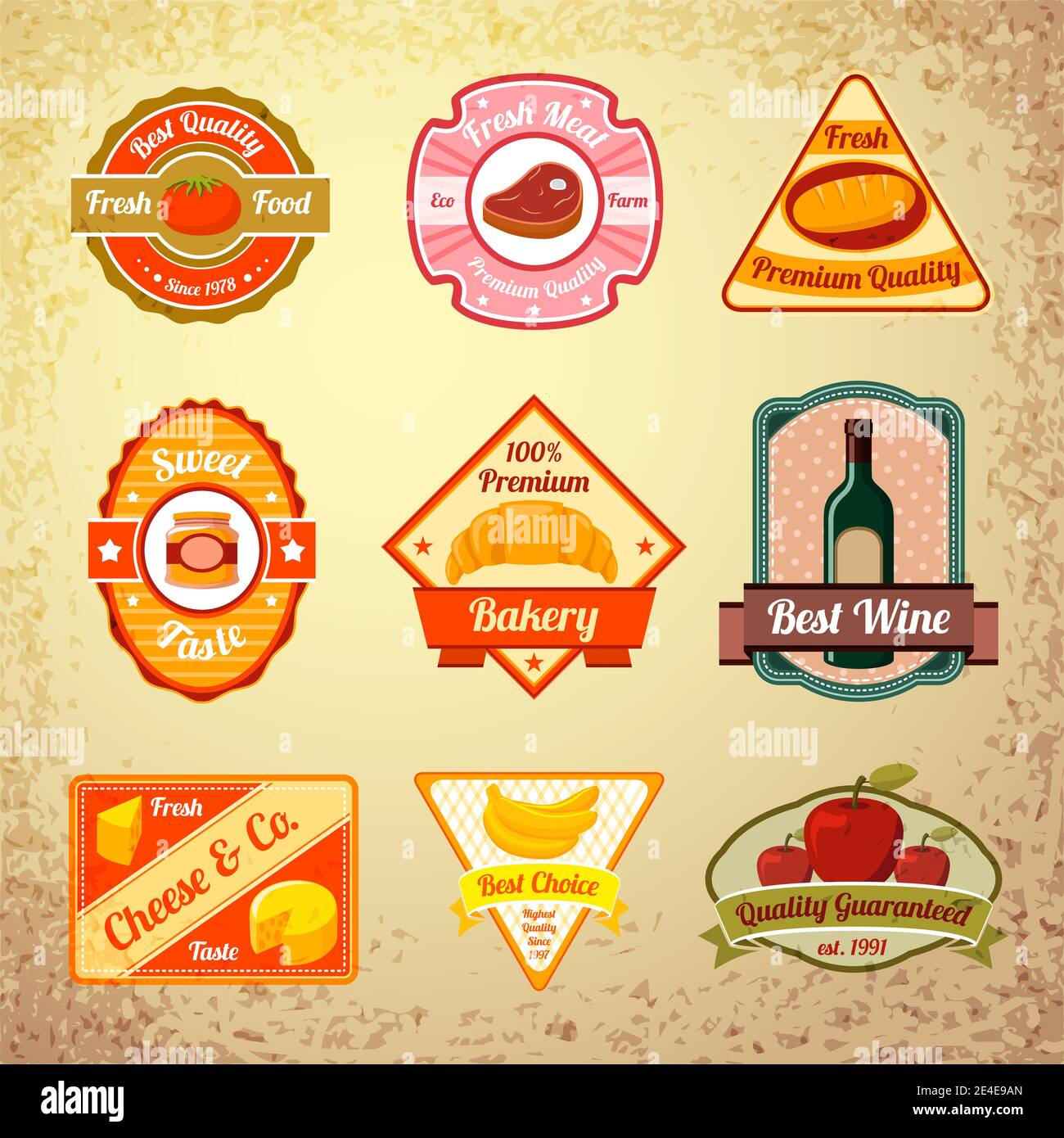 Collection of food stamps or labels of fresh and natural vegetables ...