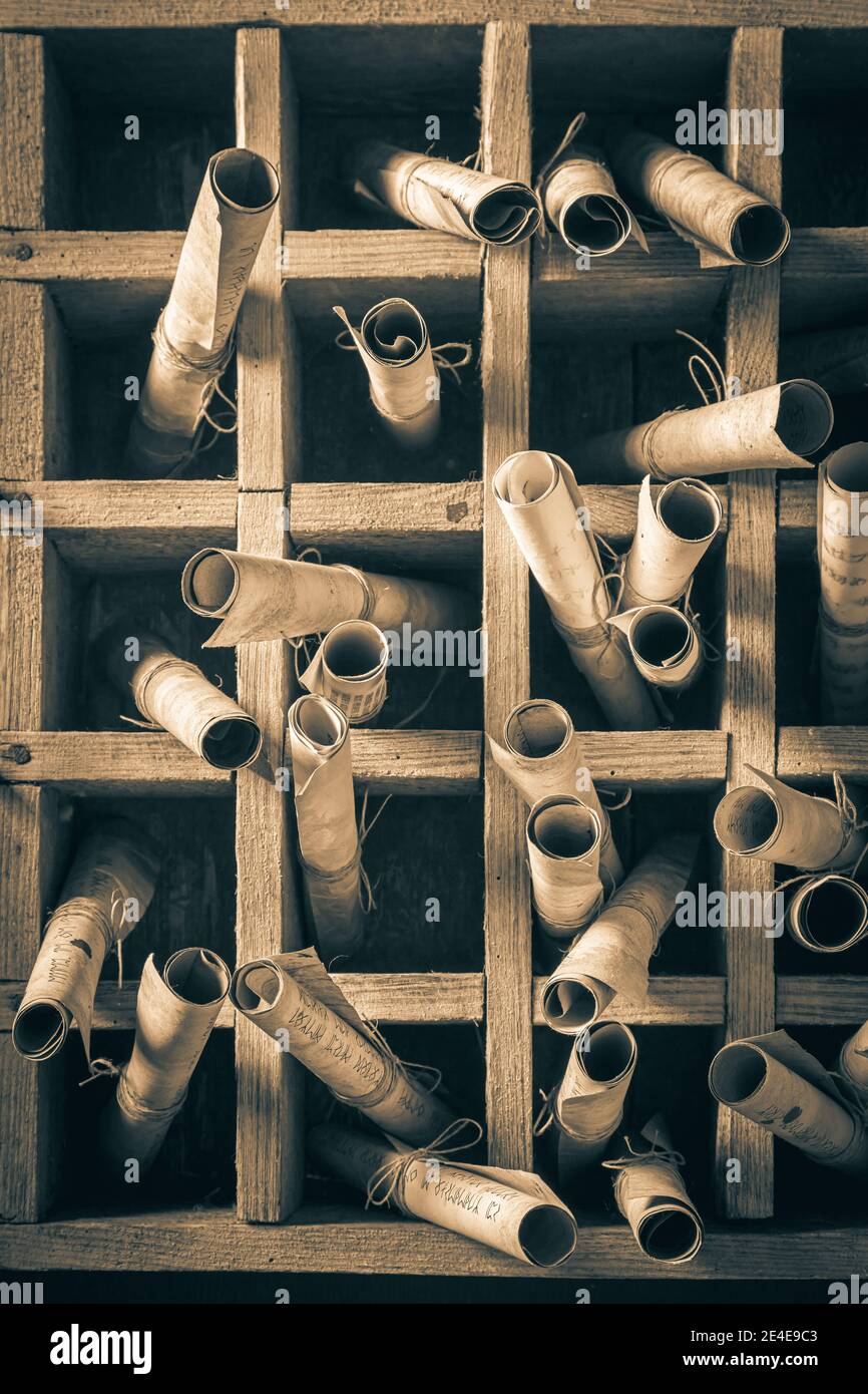 Extraordinary scribe library full of ancient scrolls in wooden box ...