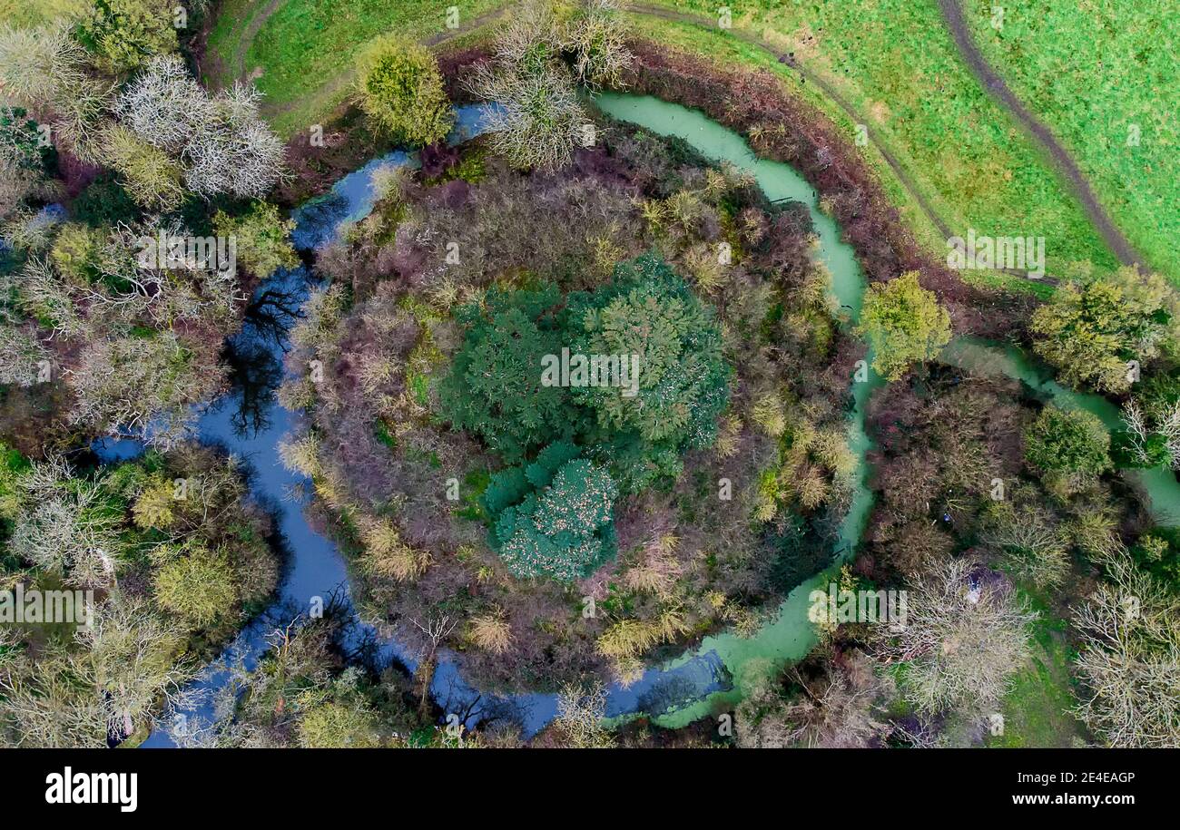 Looking down at an 11th century motte-and-bailey earth fortification in ...