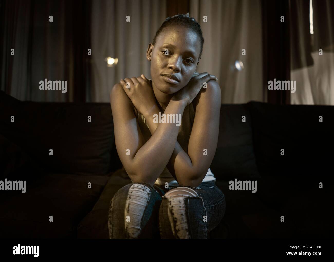 teen afro American girl at night suffering depression - young ...