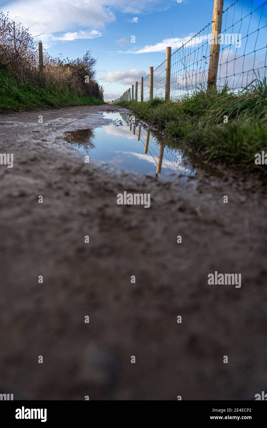 fence & sky reflected in puddle of water on country track Stock Photo ...