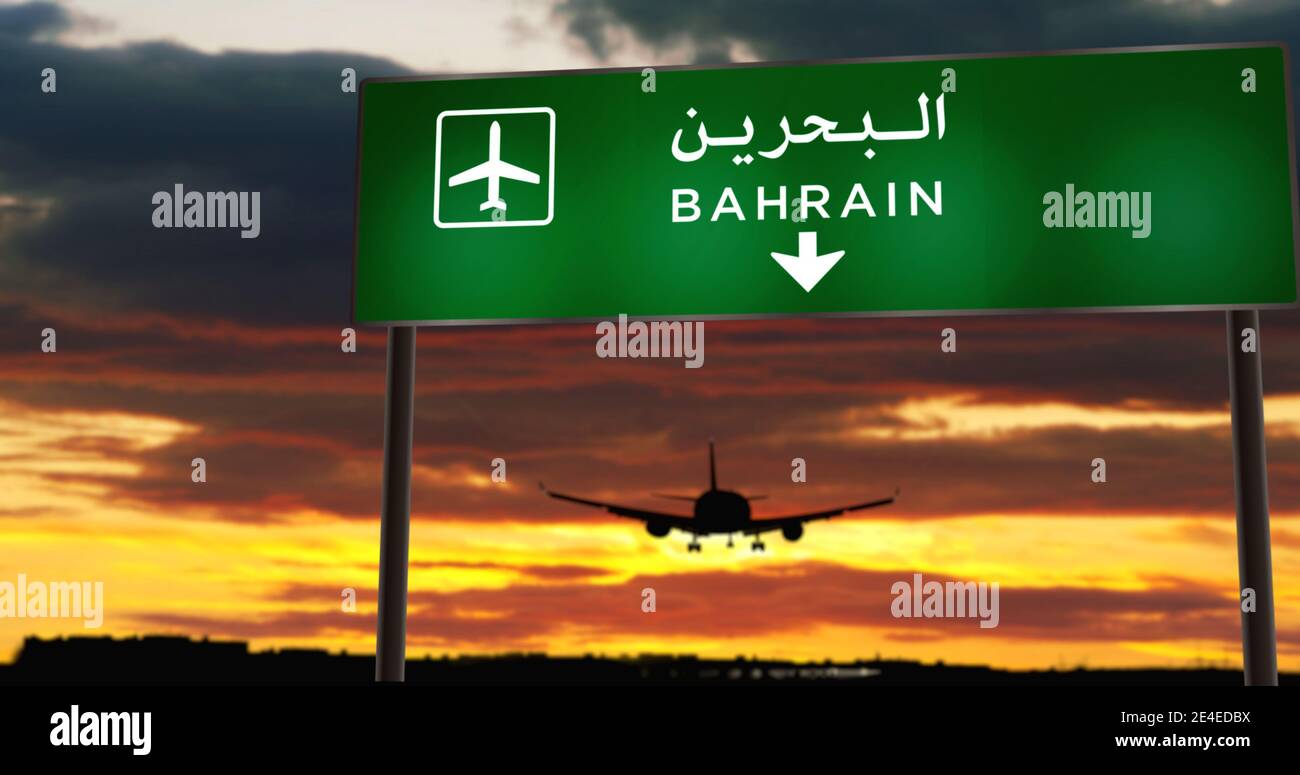 Airplane silhouette landing in Bahrain. City arrival with airport ...
