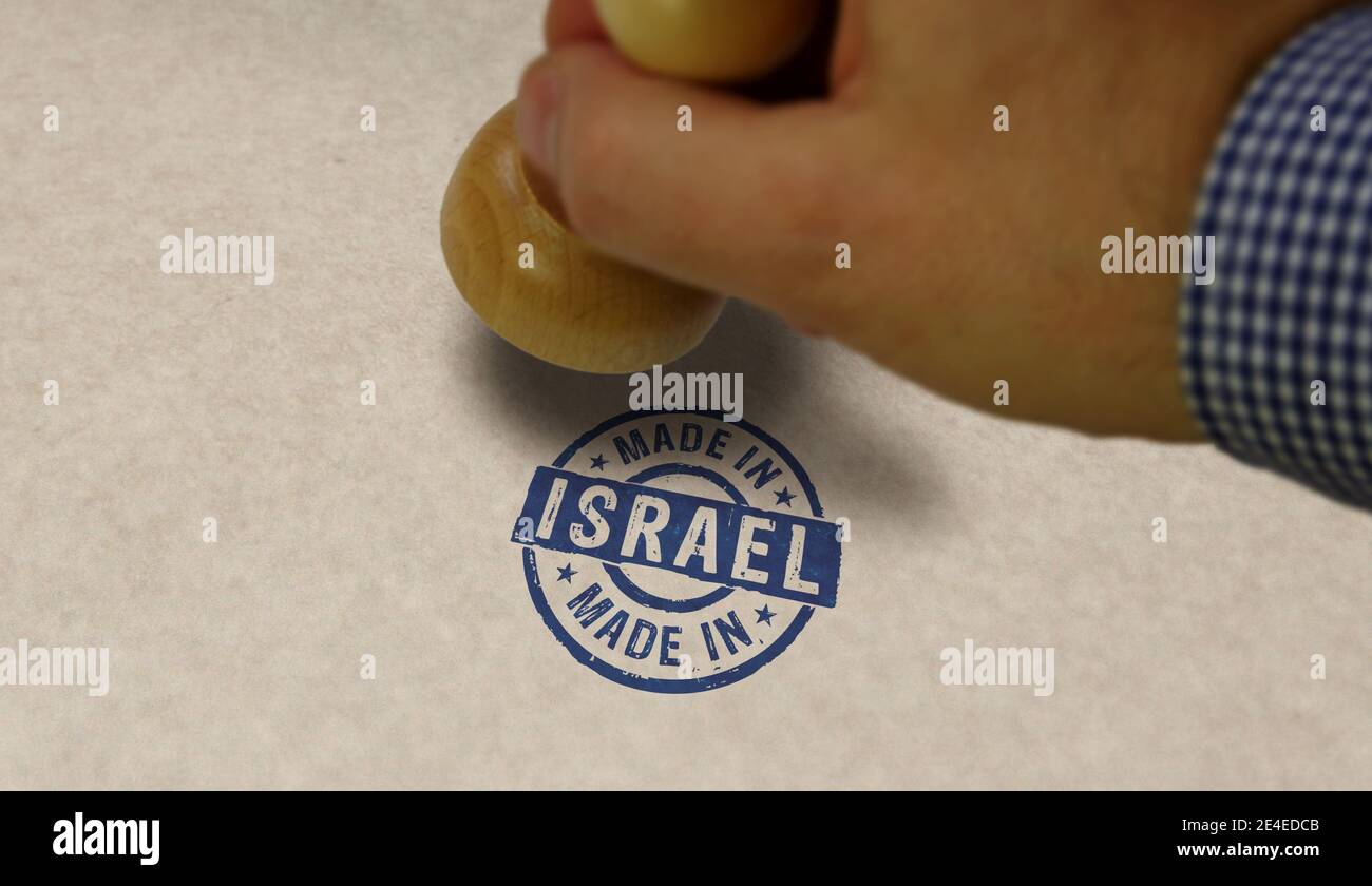 Made in Israel stamp and stamping hand. Factory, manufacturing and ...