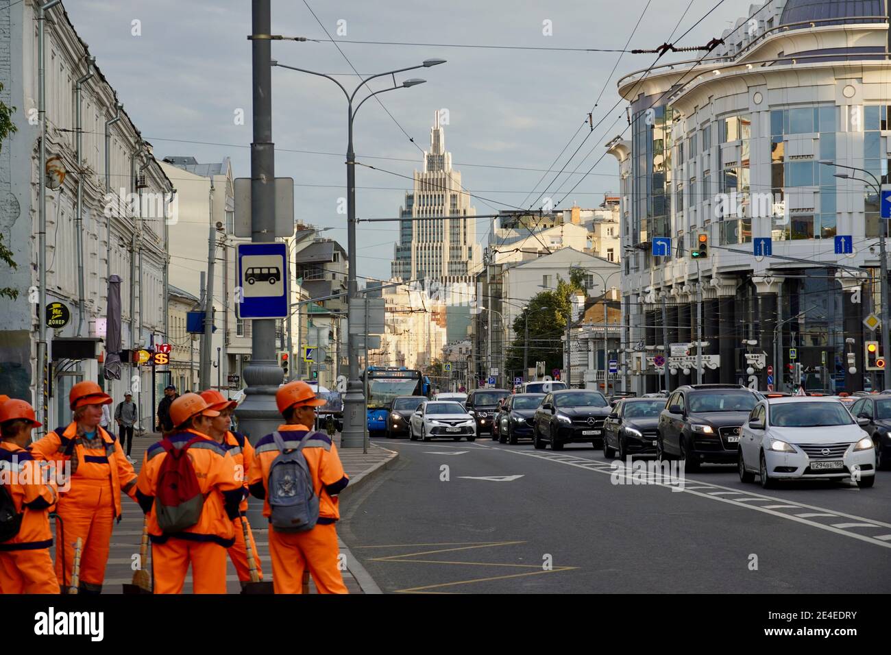 Moscow, Russia - September 2020 Road workers in orange vests on the ...