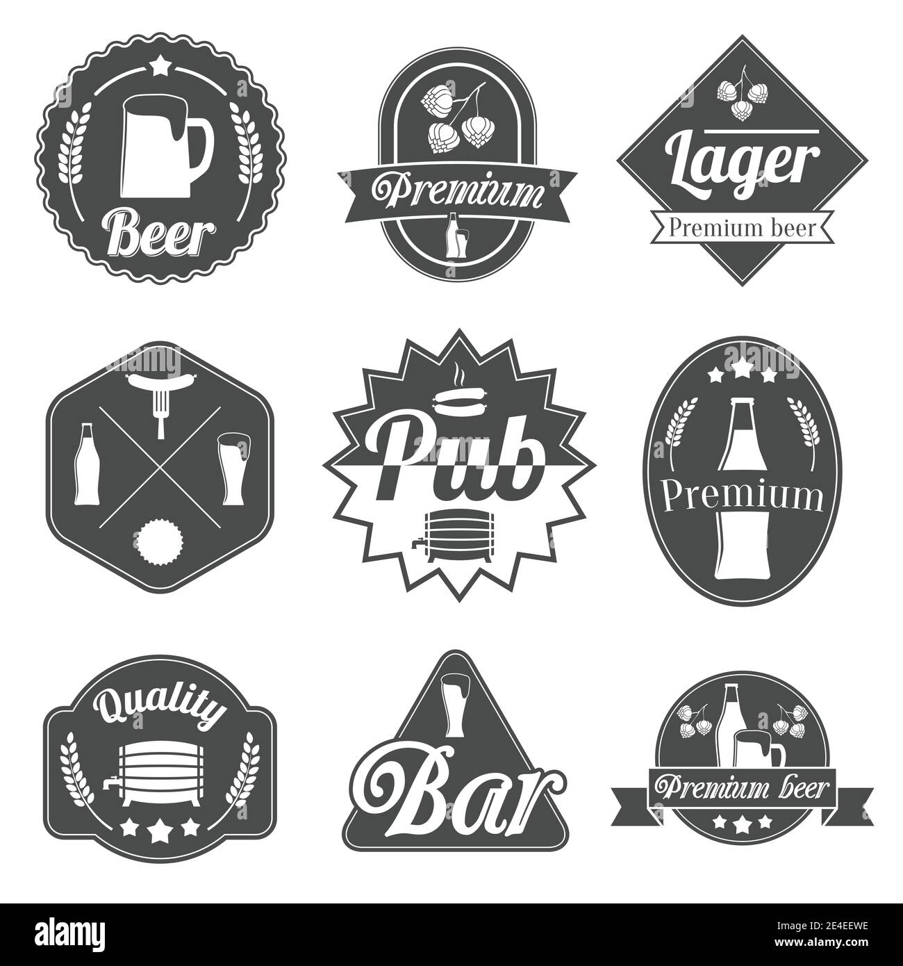 Alcohol beer party labels badges collection of bottle glass mug ...