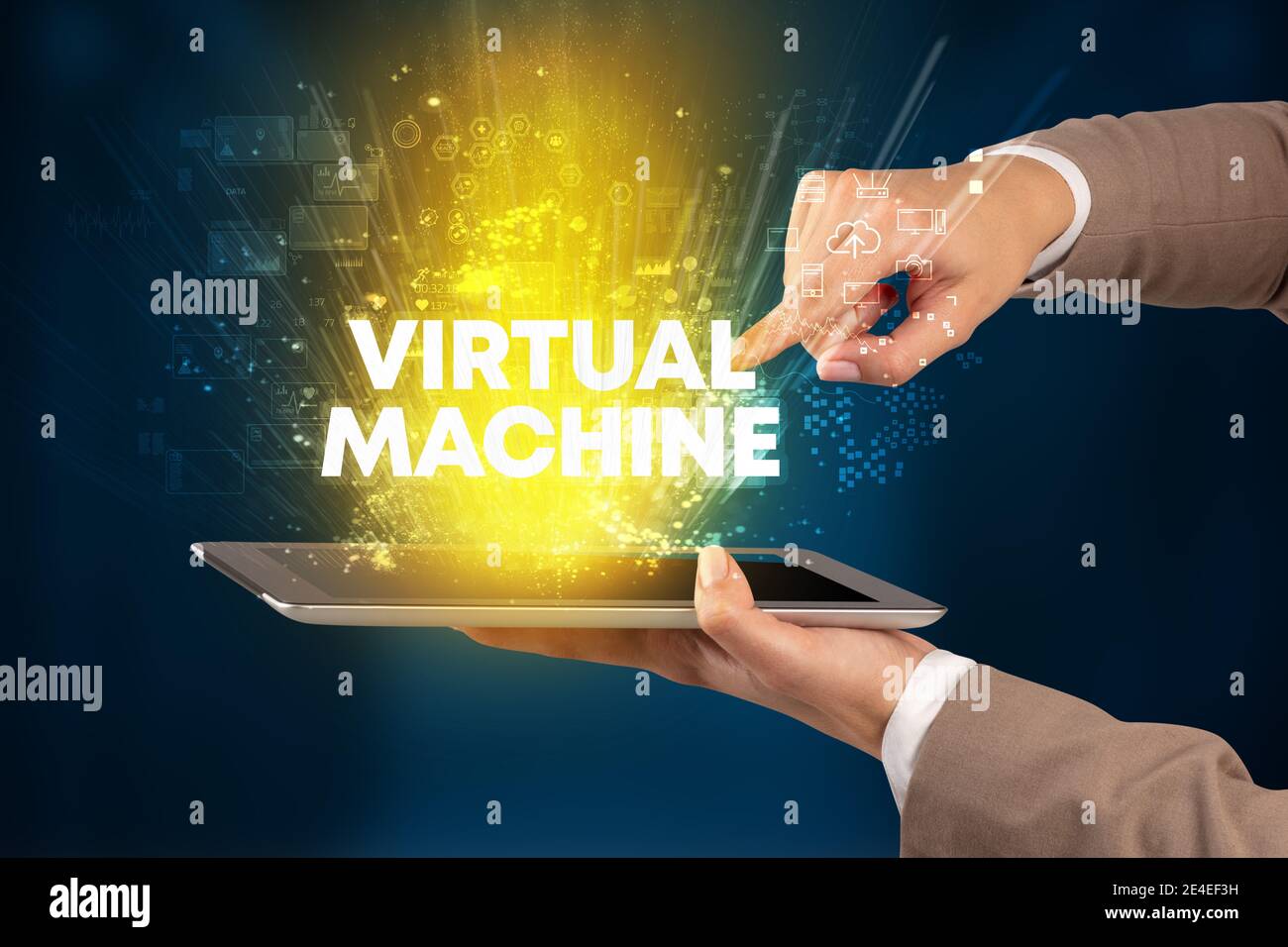 Close-up of a touchscreen with VIRTUAL MACHINE inscription, innovative ...