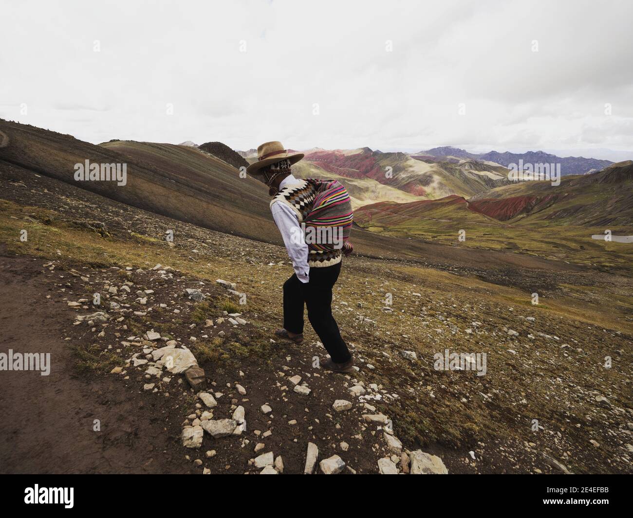 Peruvian man in traditional andean indigenous clothes at Cordillera de ...