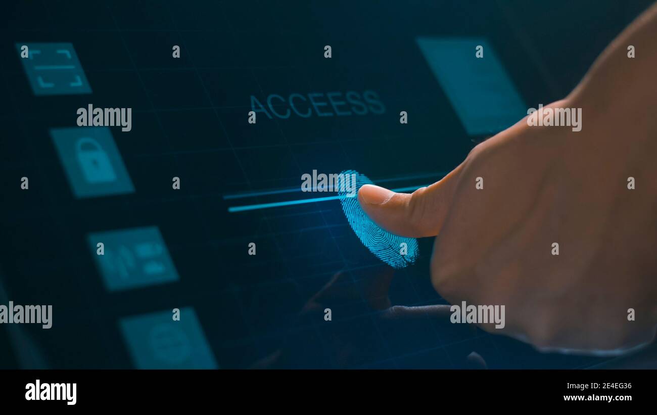 Close up human finger is touching interface computer monitor ...