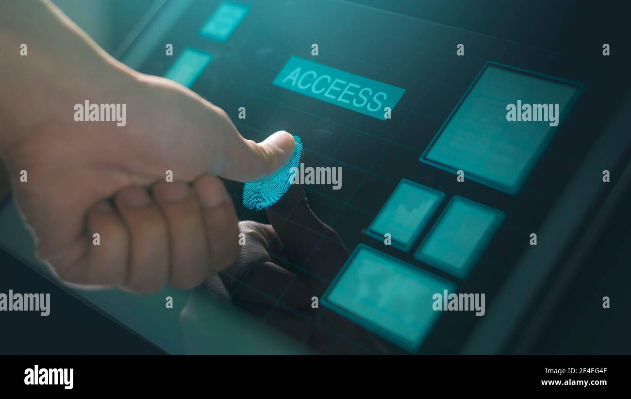 Close up human finger is touching interface computer monitor ...