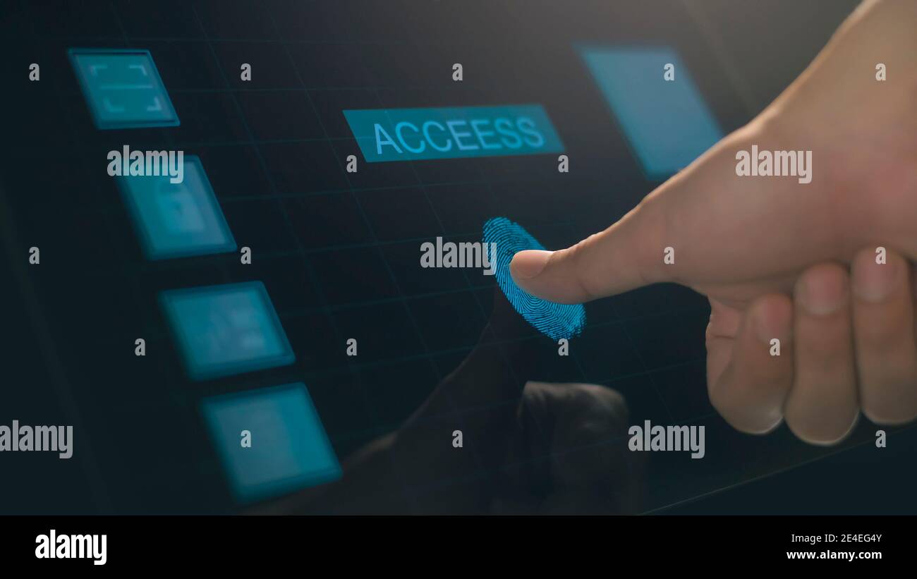 Close up human finger is touching interface computer monitor ...