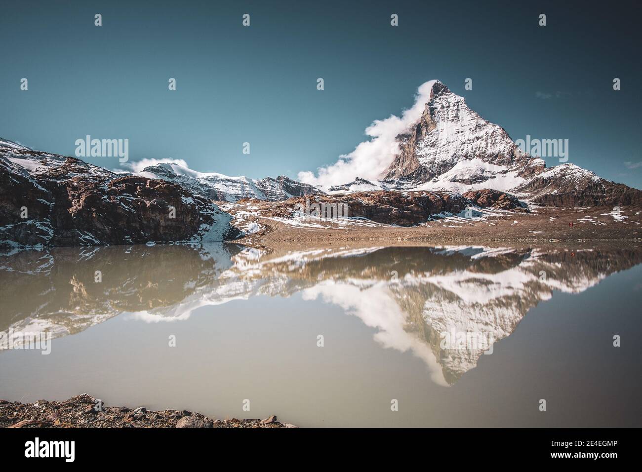 Matterhorn reflection in the Theodul glacier lake, Switzerland Stock ...