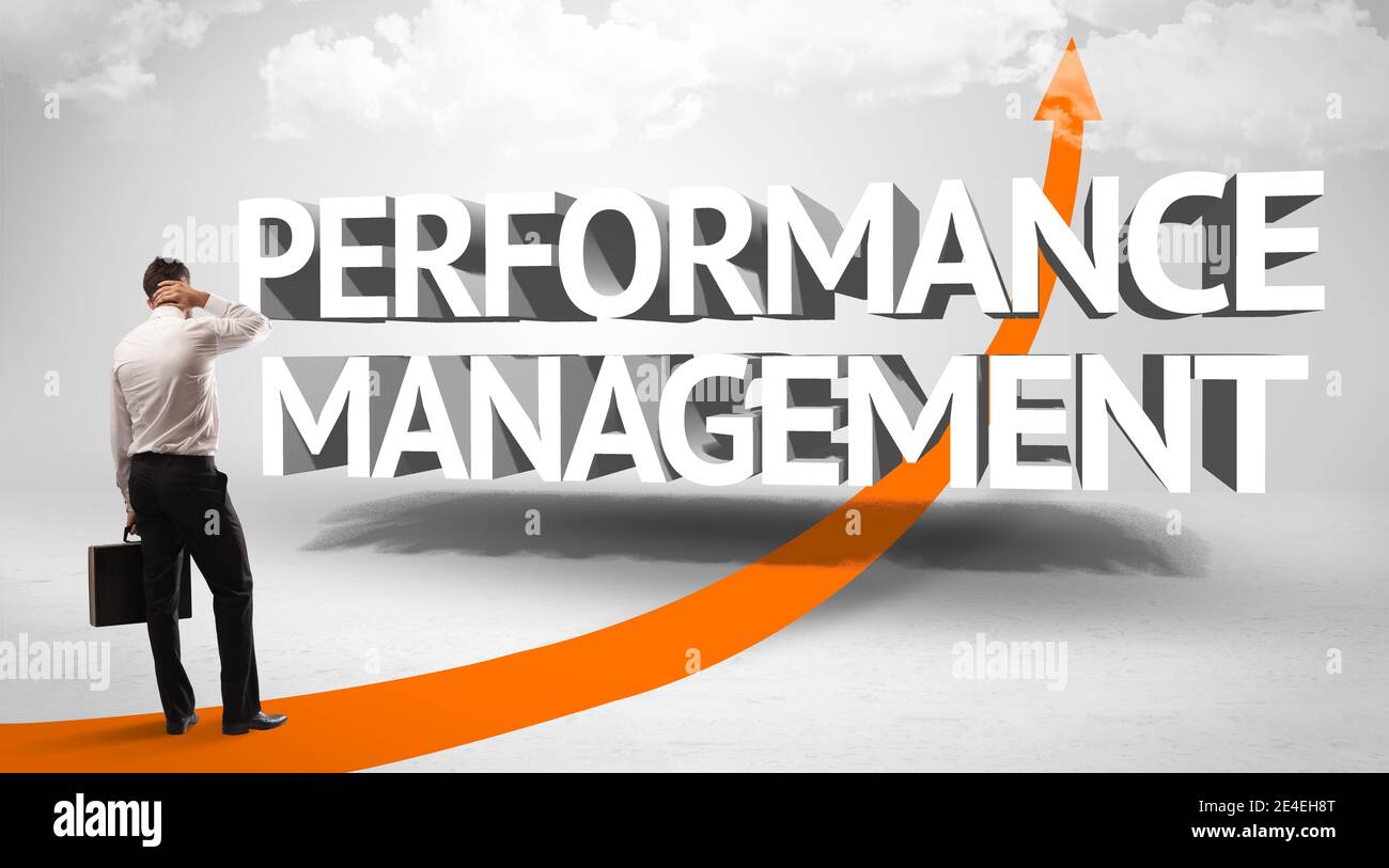 Rear view of a businessman standing in front of PERFORMANCE MANAGEMENT ...