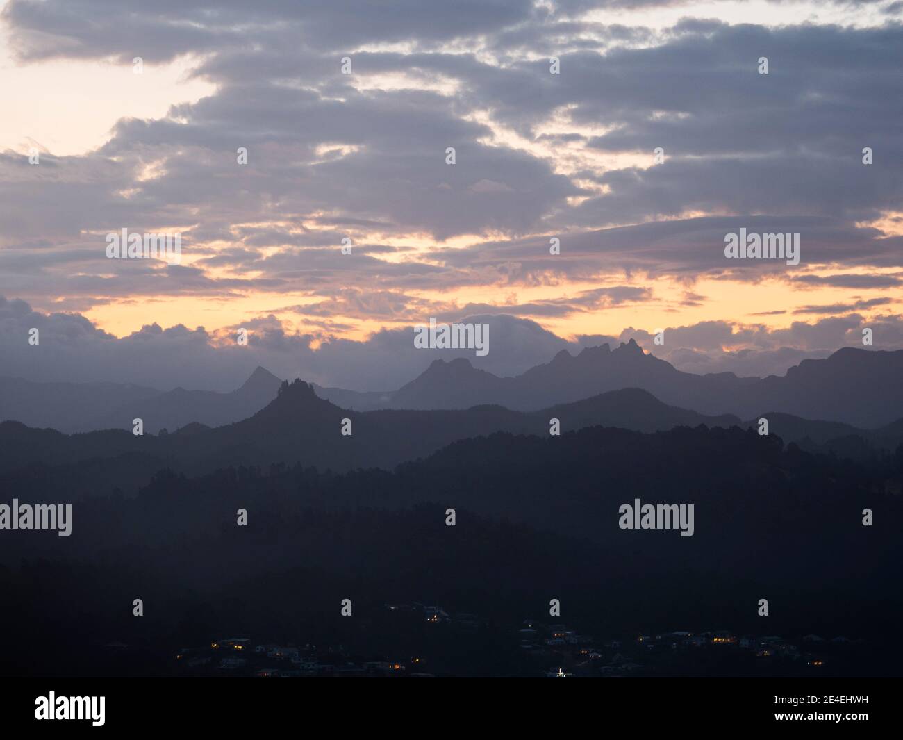 Panorama landscape view of Coromandel peninsula mountain range layers ...