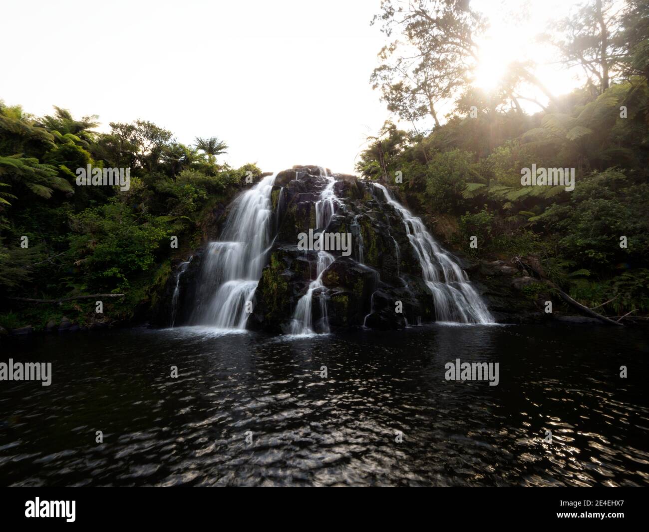 Panorama view of tropical staircase waterfall cascade river Owharoa ...
